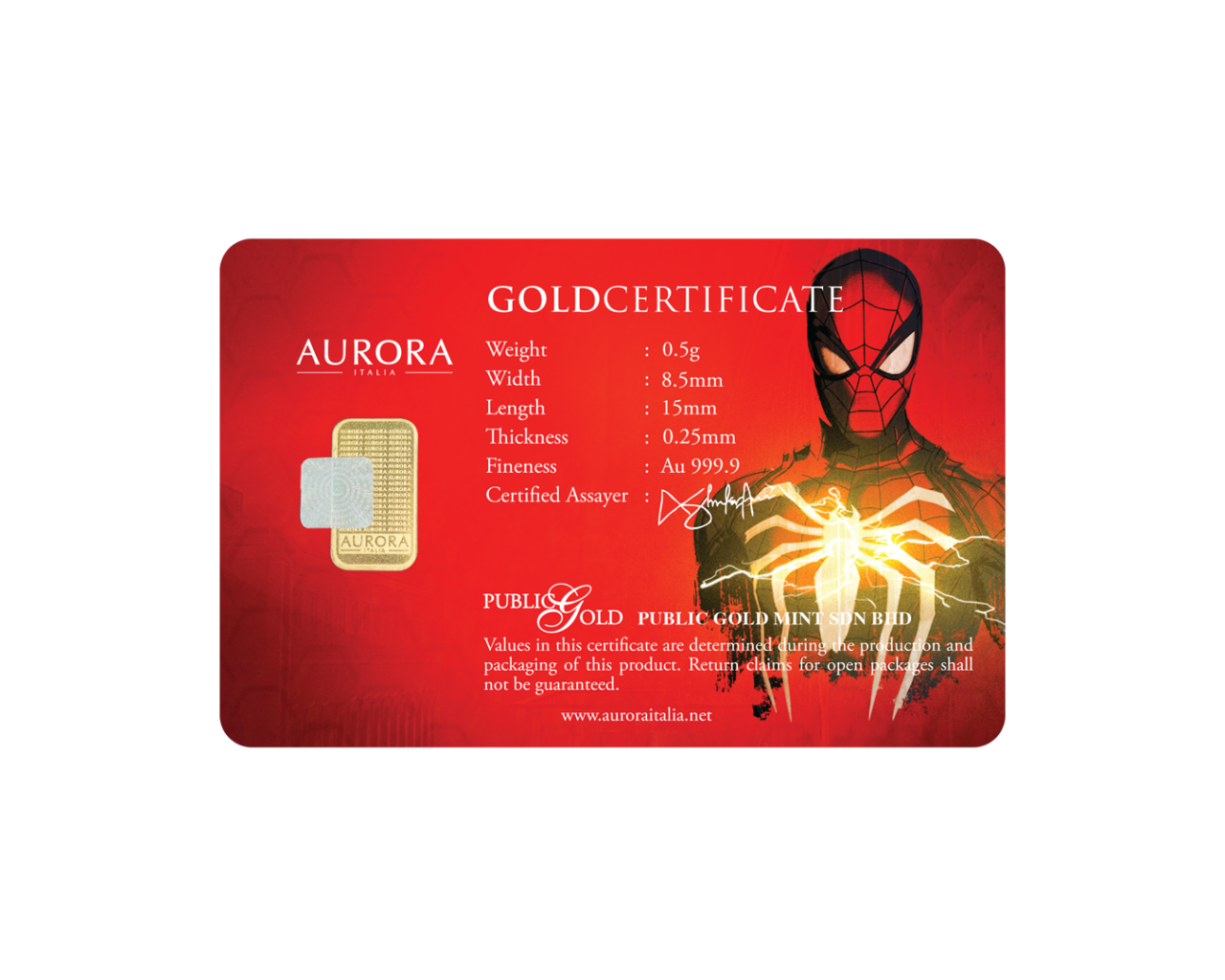 MARVEL x AURORA ITALIA (0.5g) 999.9 Spider-man Limited Edition Gold Bar