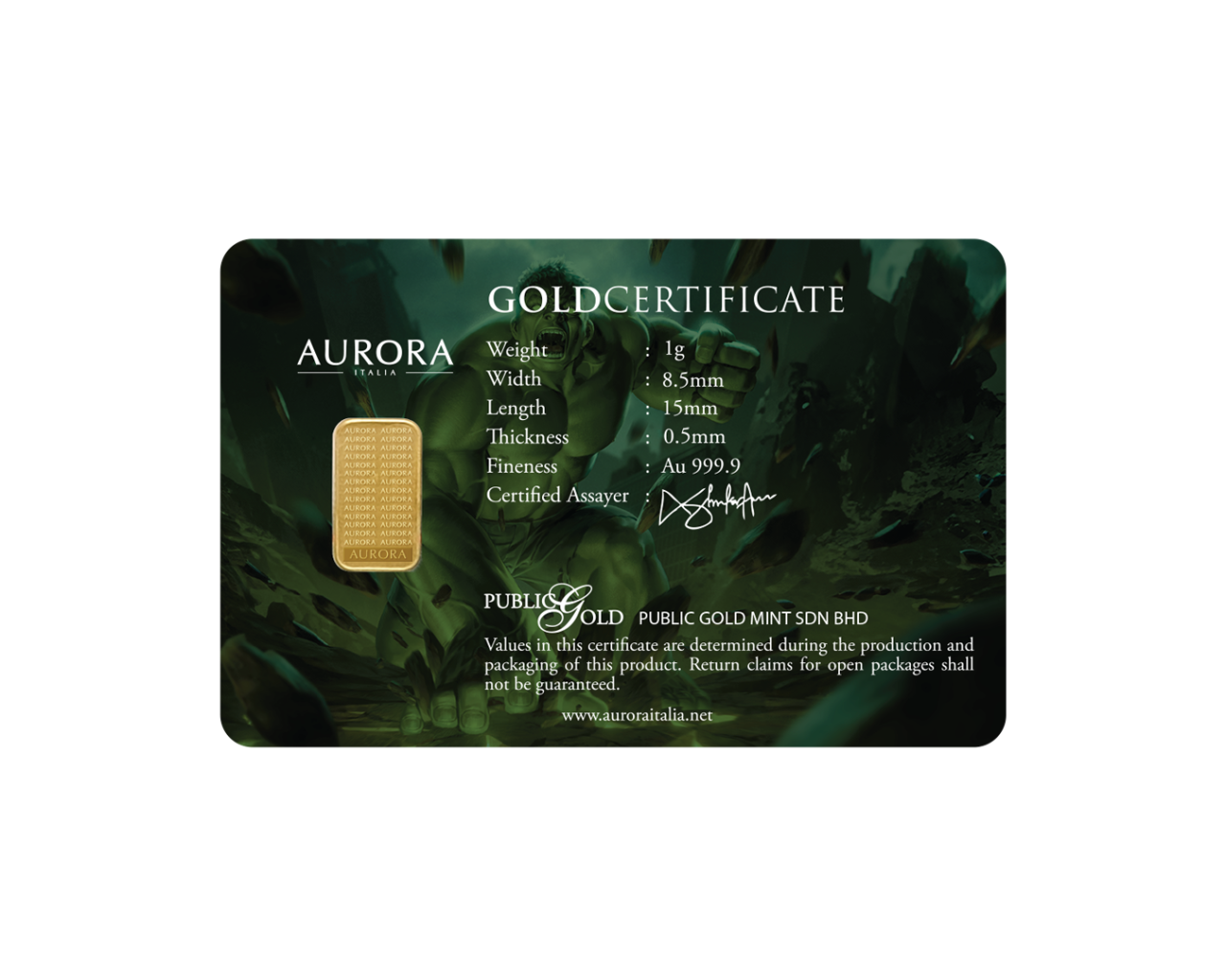MARVEL x AURORA ITALIA (1g) 999.9 The Incredible Hulk Limited Edition ...
