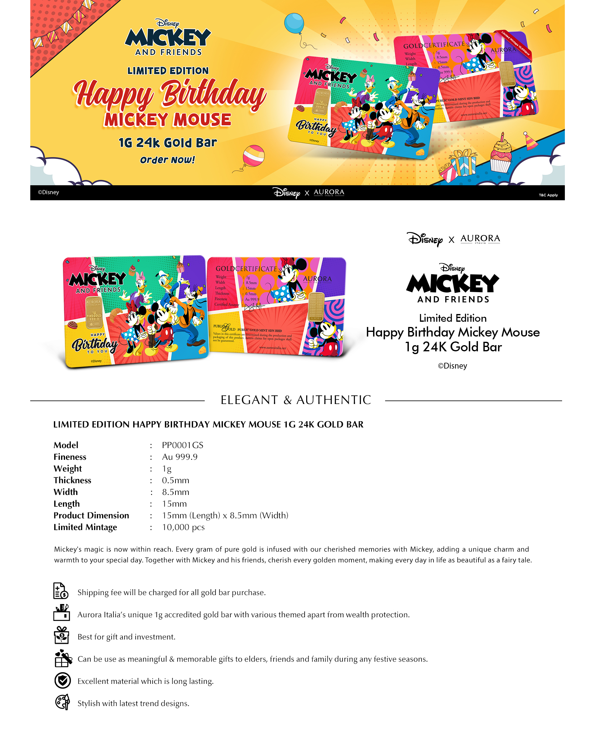 DISNEY x AURORA ITALIA (1g) 999.9 Mickey & Friend: Happy Birthday ...