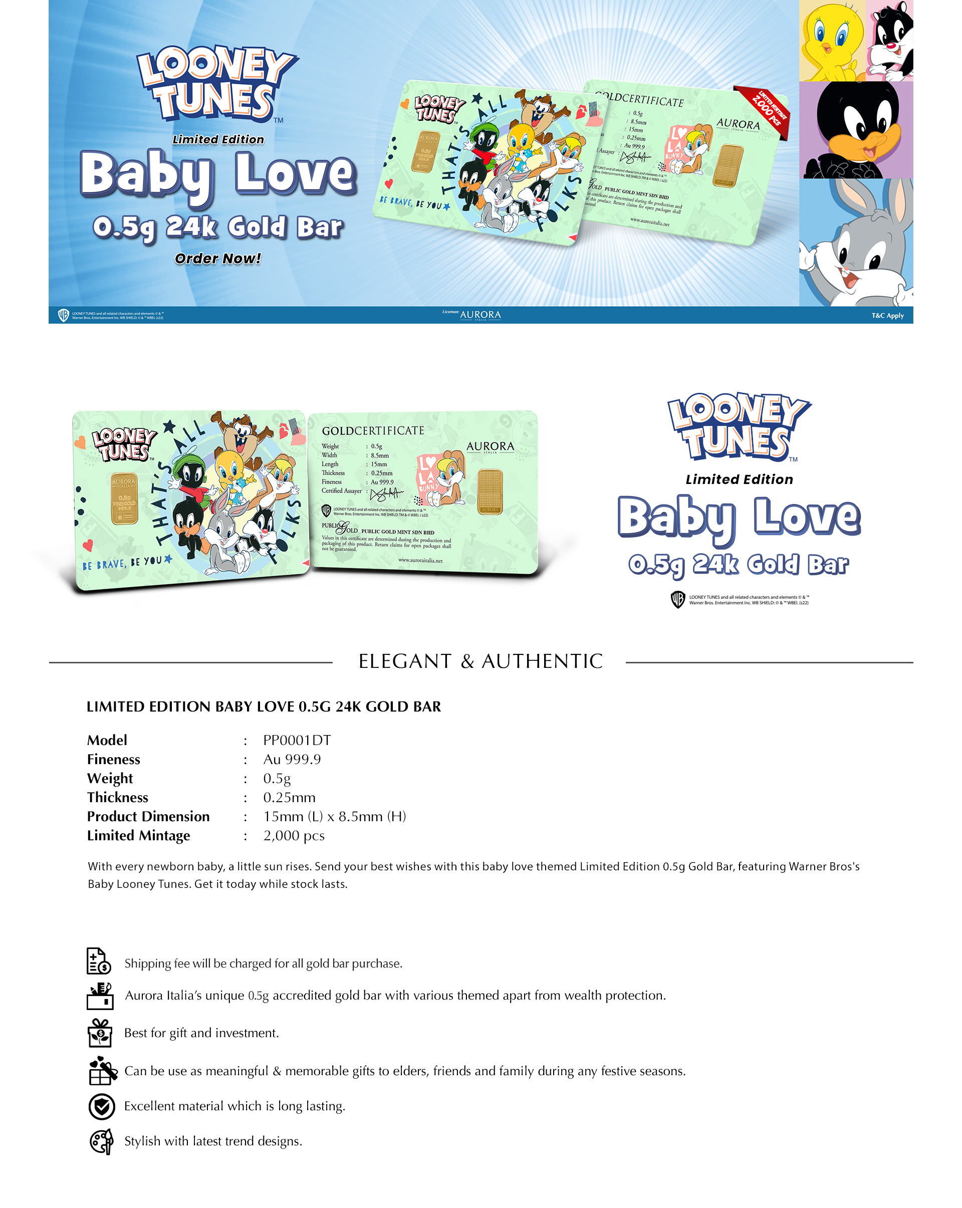 WARNER BROS x AURORA ITALIA (0.5g) 999.9 Baby Looney Tunes: Baby Love ...