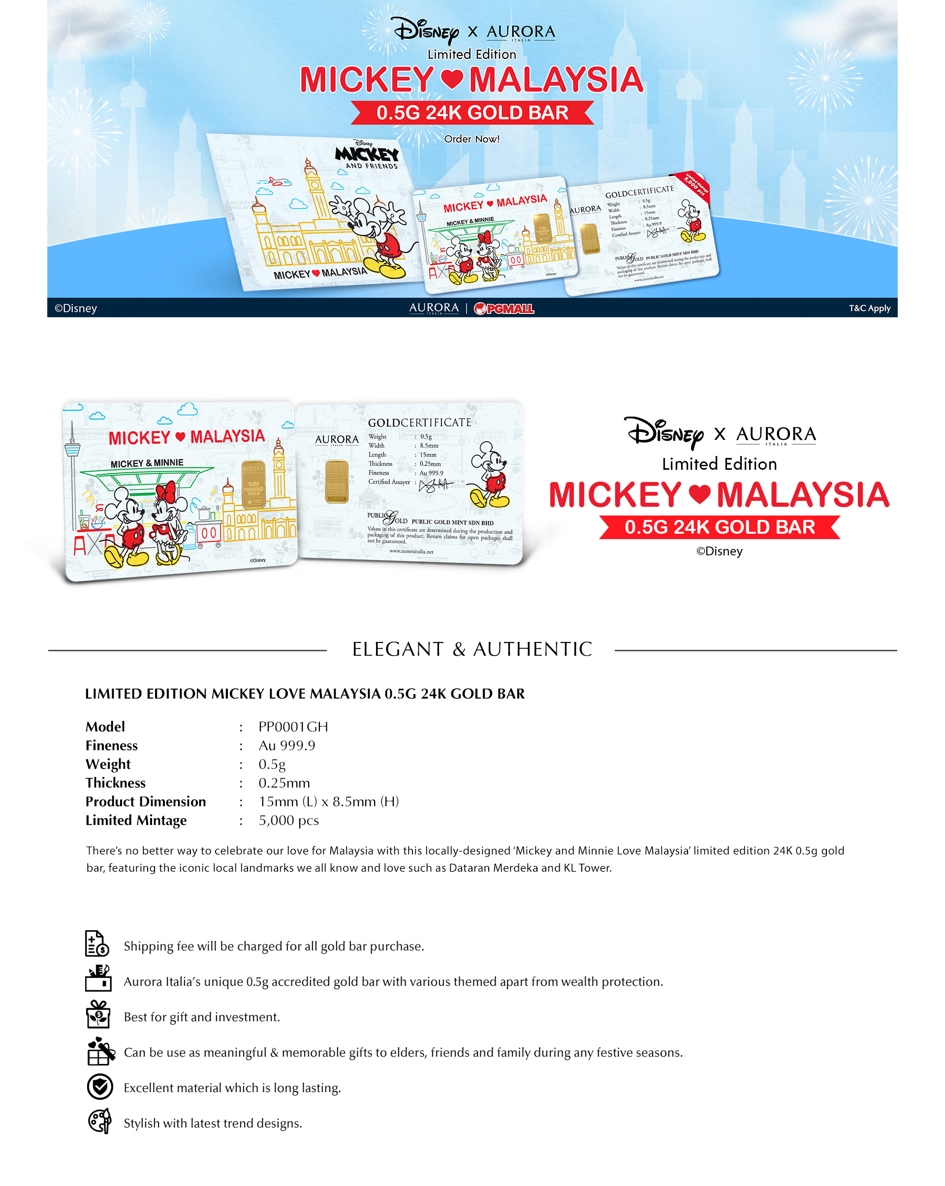 DISNEY x AURORA ITALIA (0.5g) 999.9 Mickey Love Malaysia Limited ...