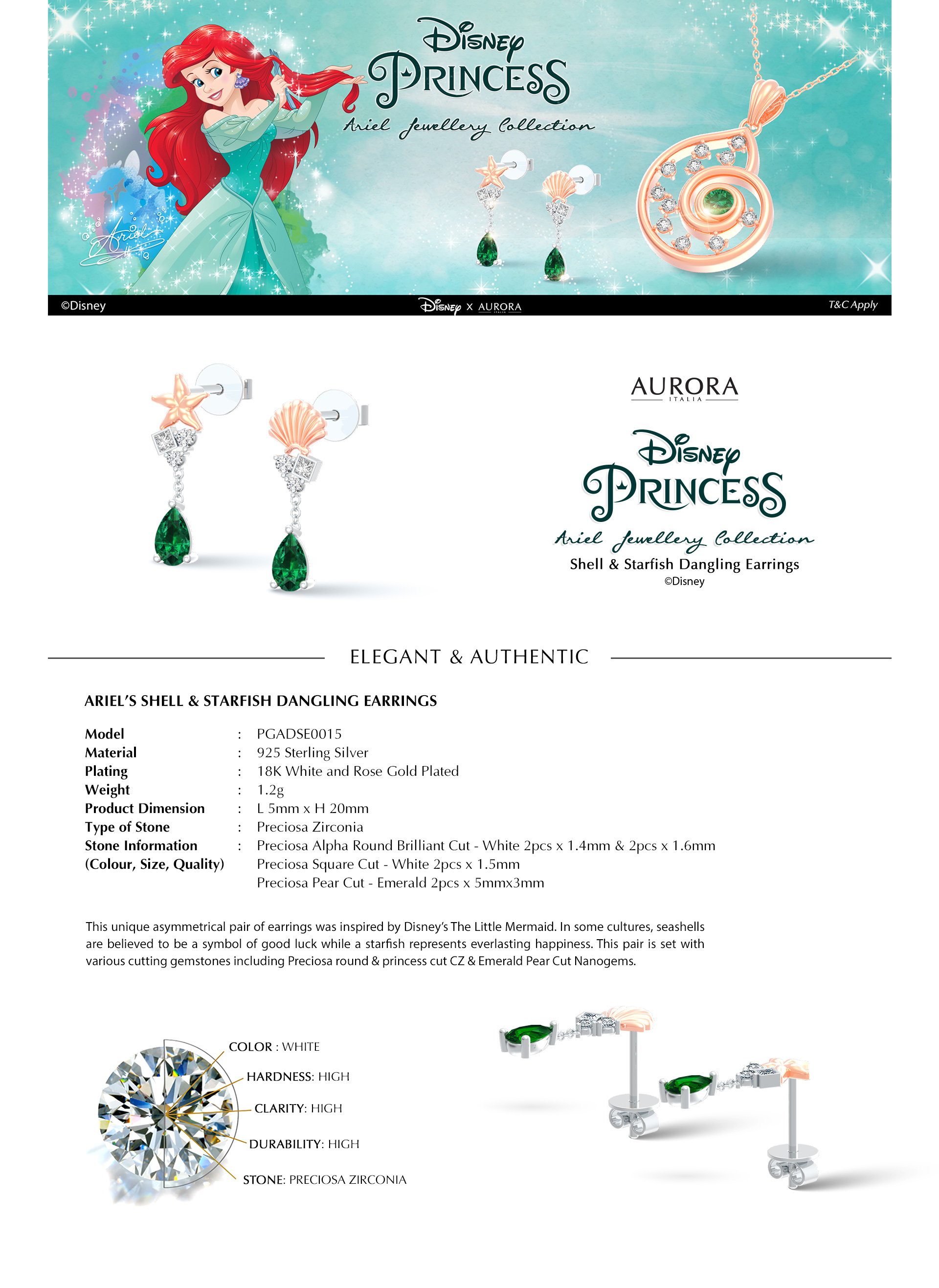 DISNEY x AURORA ITALIA Princess Ariel Shell & Starfish Dangling Earrings